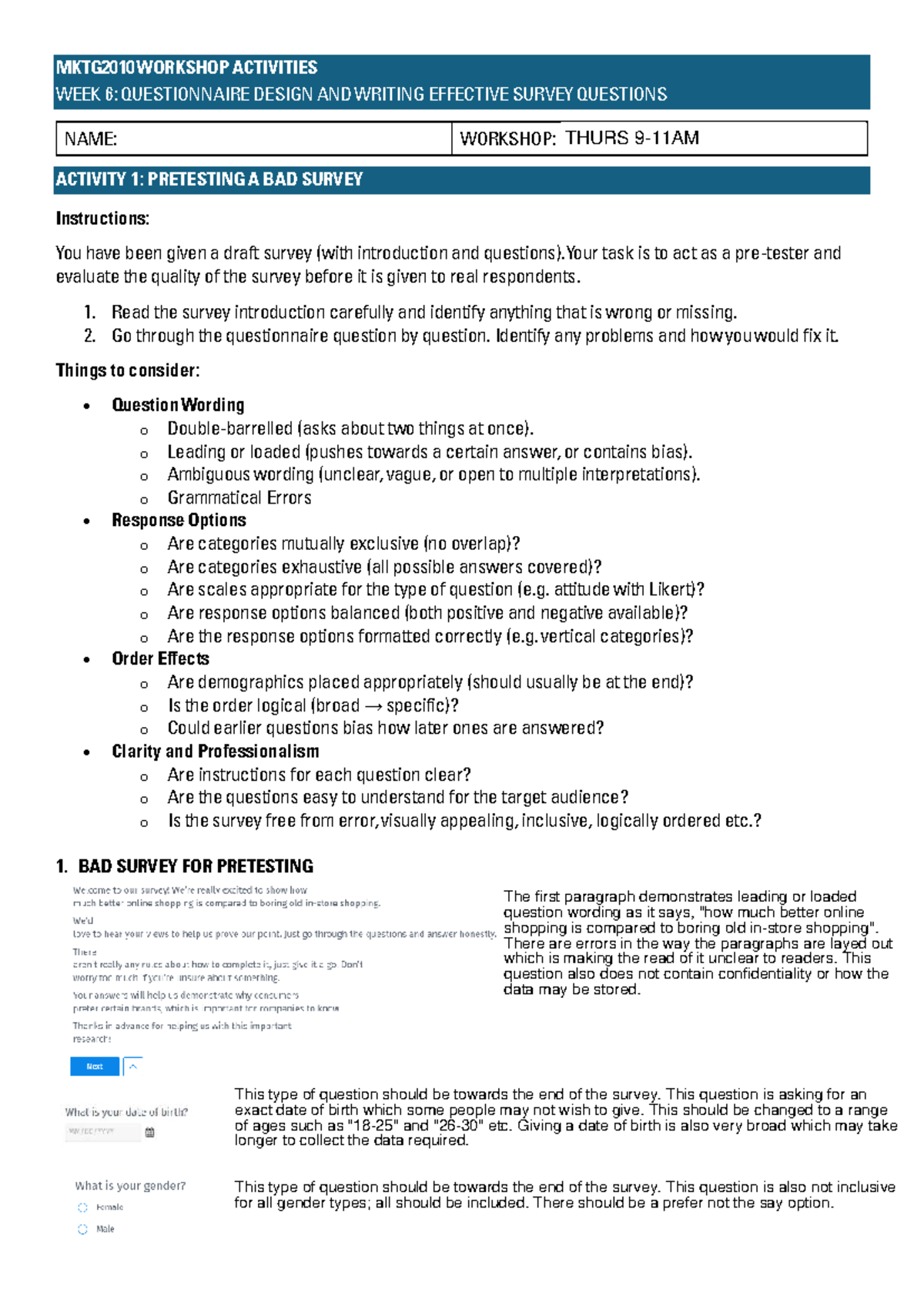 MKTG2010 WEEK 6 WORKSHOP: QUESTIONNAIRE DESIGN & SURVEY QUESTIONS - Studocu