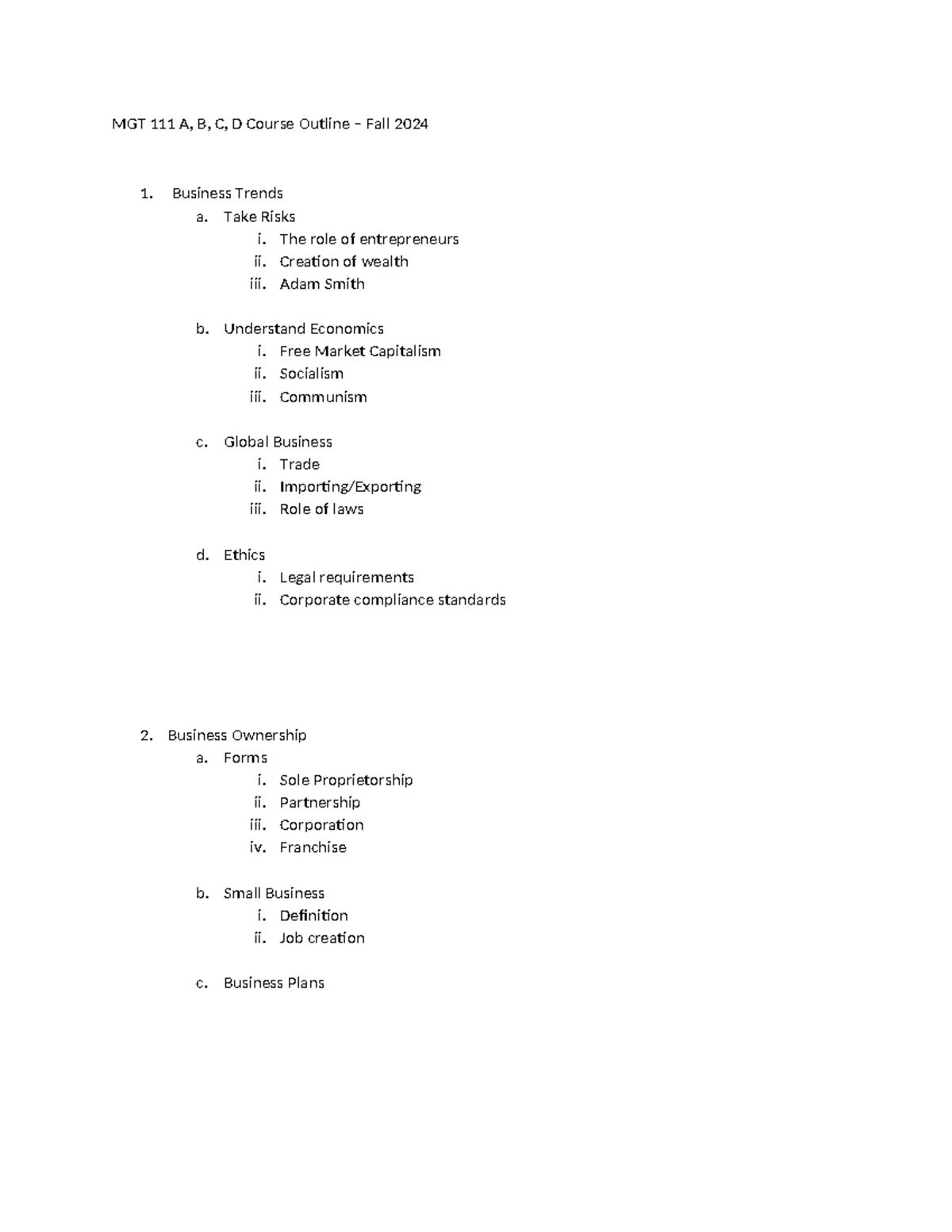 MGT 111 Course Outline for Final Fall 2024 - MGT 111 A, B, C, D Course ...