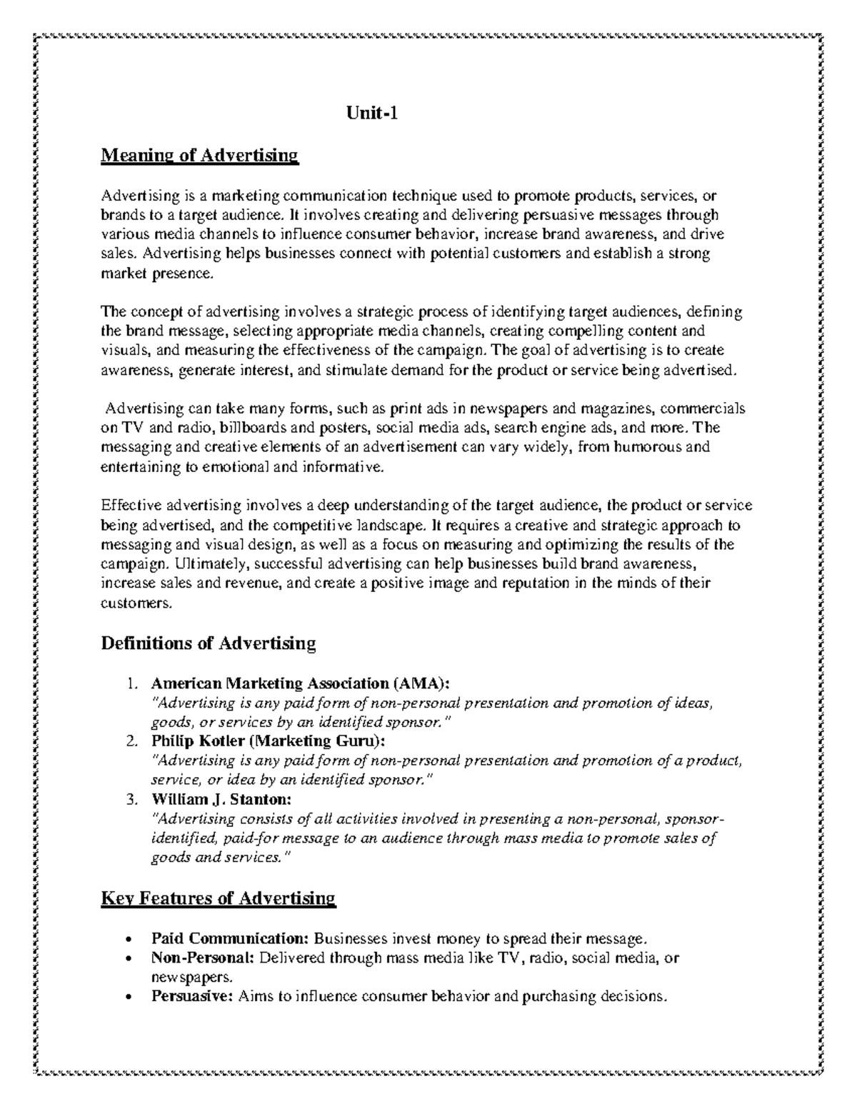 Unit-1 Advertising Management: Understanding Concepts and Ethics - Studocu