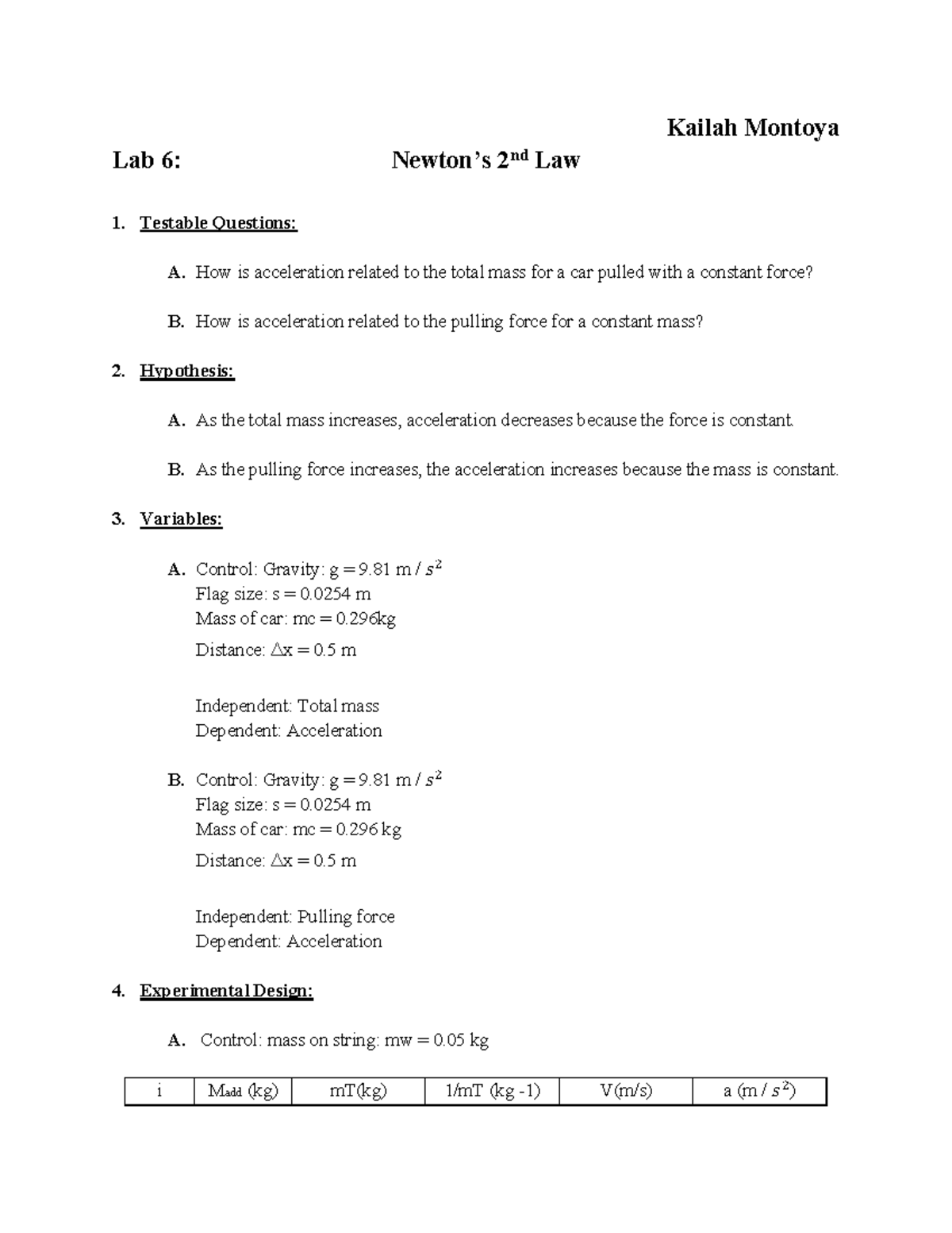 Lab 6: Acceleration vs. Mass & Force in Physics Experiment - Studocu
