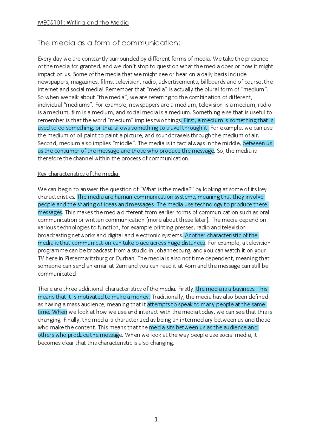 2024 Reading - What is Media - MECS101: Writing and the Media 1 The ...