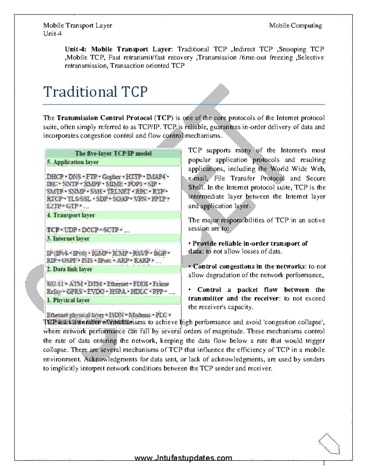 MC R16 - Unit 4: Mobile Transport Layer & TCP Enhancements in Mobile Computing - Studocu