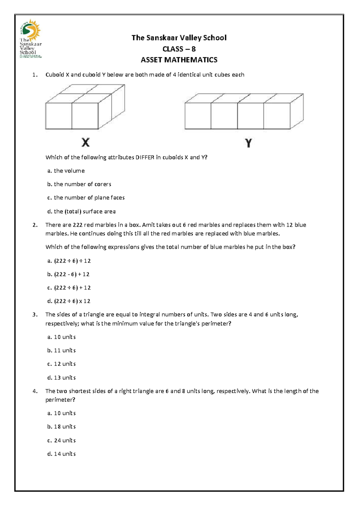Grade 8 ASSET Mathematics Worksheet: Cuboids, Marbles, and Triangles ...