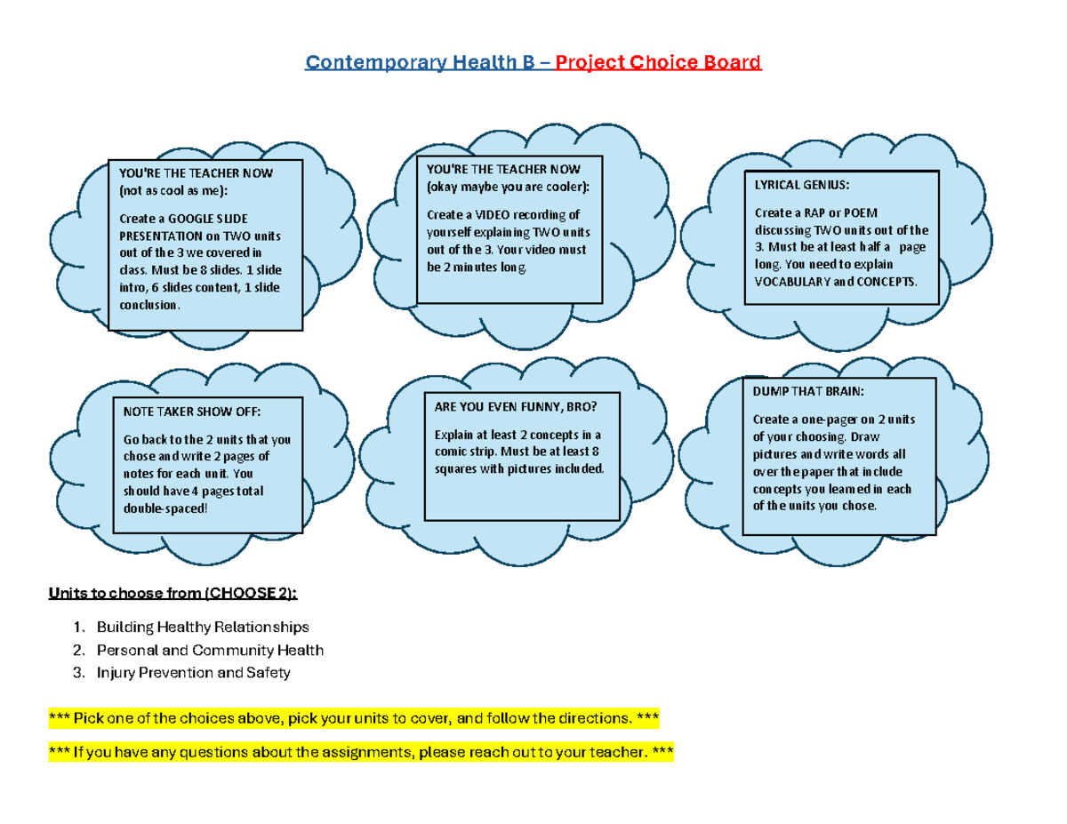 Contemporary Health B Project Choice Board: Creative Assignments Guide ...