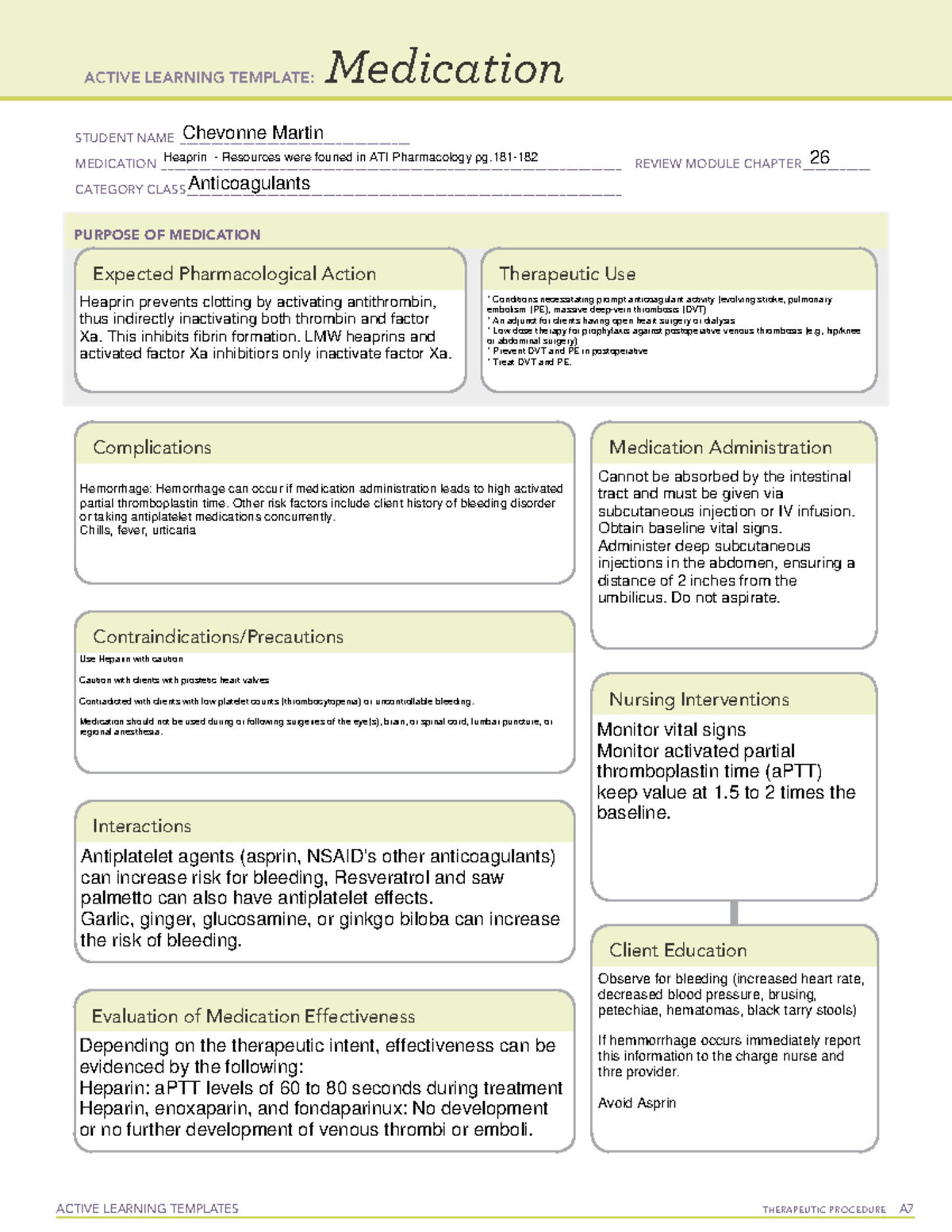 Active Learning Template: Medication Heparin (Therapeutic Procedure ...