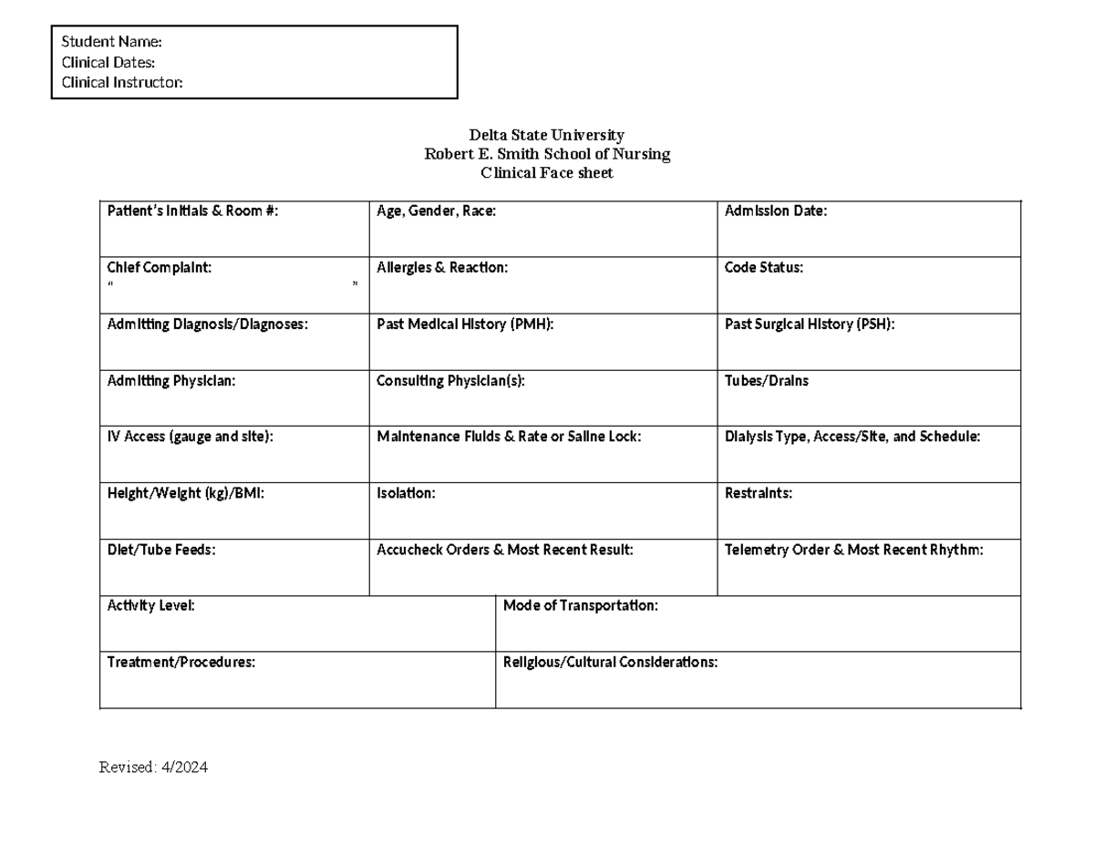 Delta State University Nursing Clinical Face Sheet & Medication Matrix ...