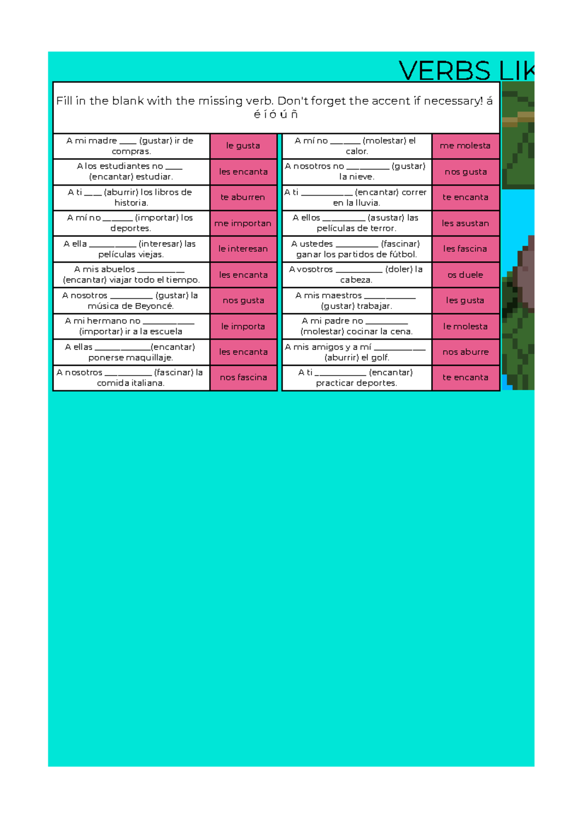 Copy of 7.2 Verbs like Gustar Mystery PIC - Questions - VERBS LIKE G ...