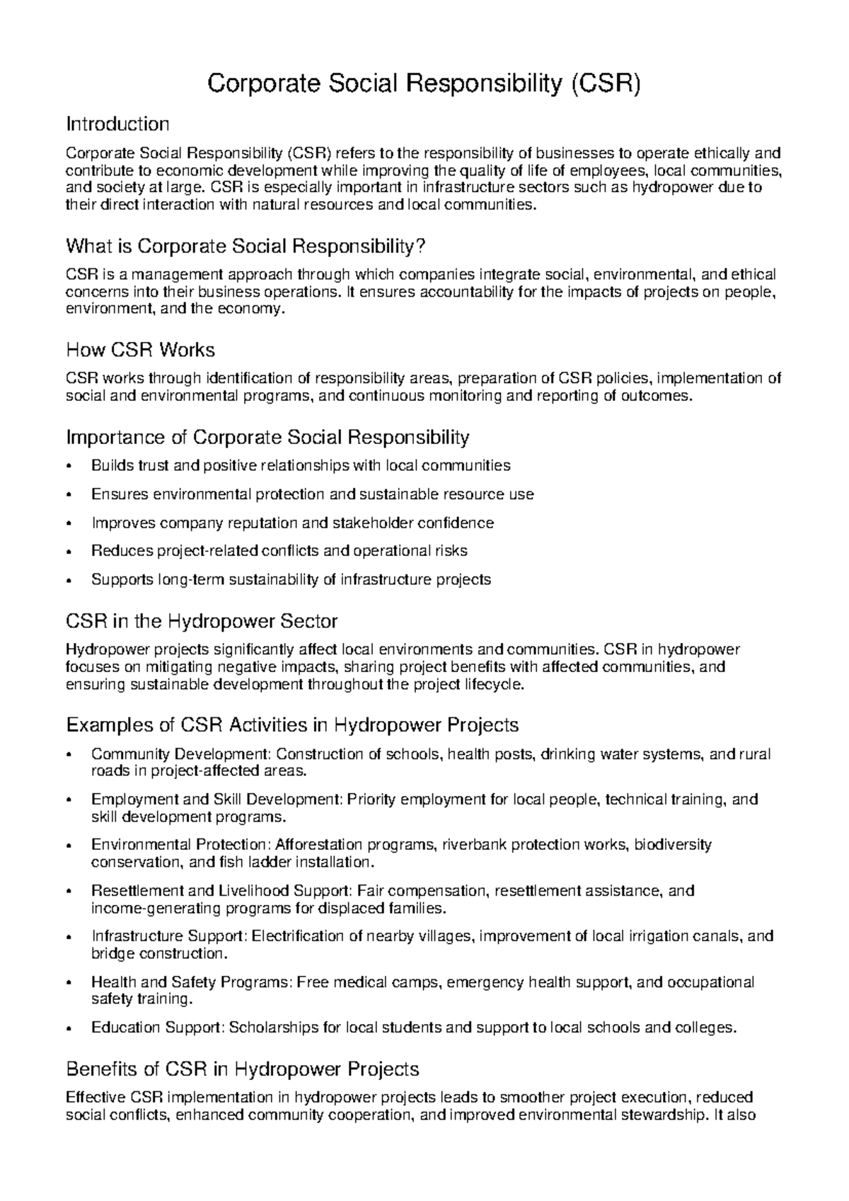 Corporate Social Responsibility (CSR) in Hydropower Projects - Studocu