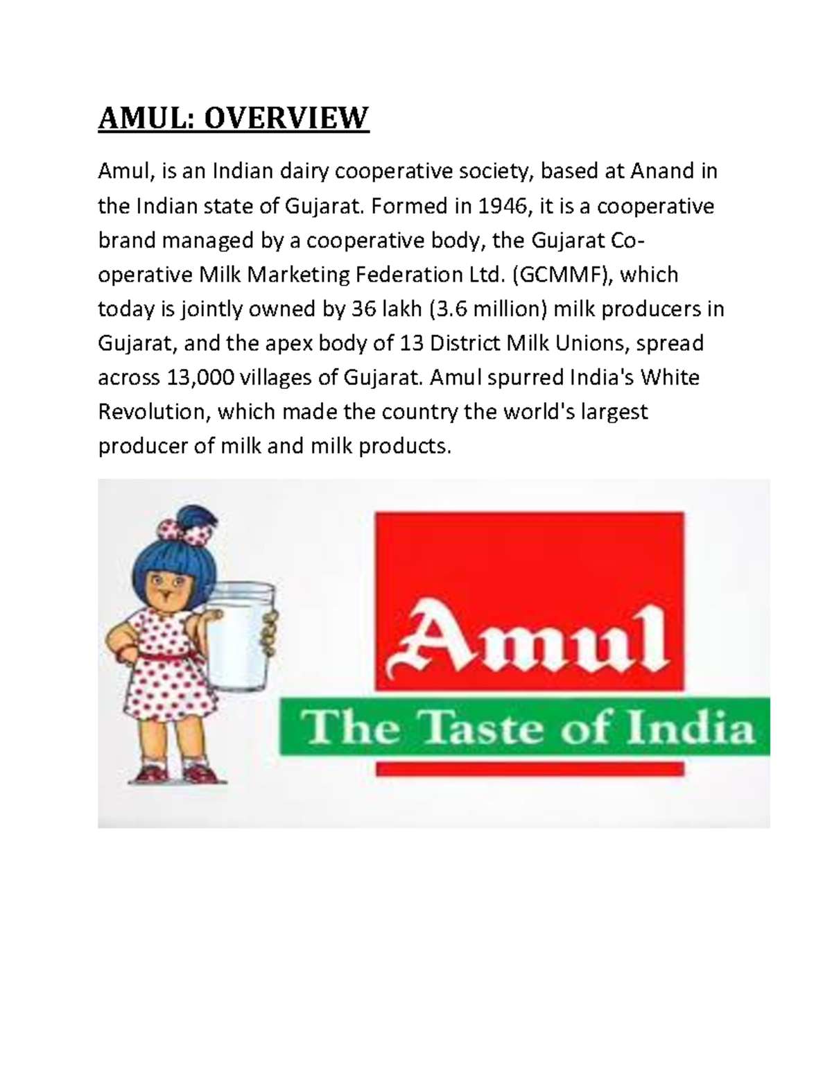 Supply Chain OF AMUL - MBA RELATED MATERIAL - AMUL: OVERVIEW Amul, is ...