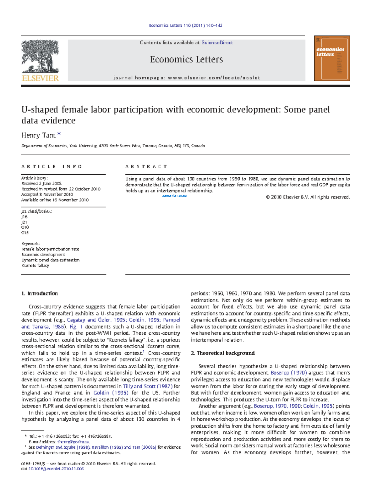 Economic Development and Female Labor Participation: Panel Data ...