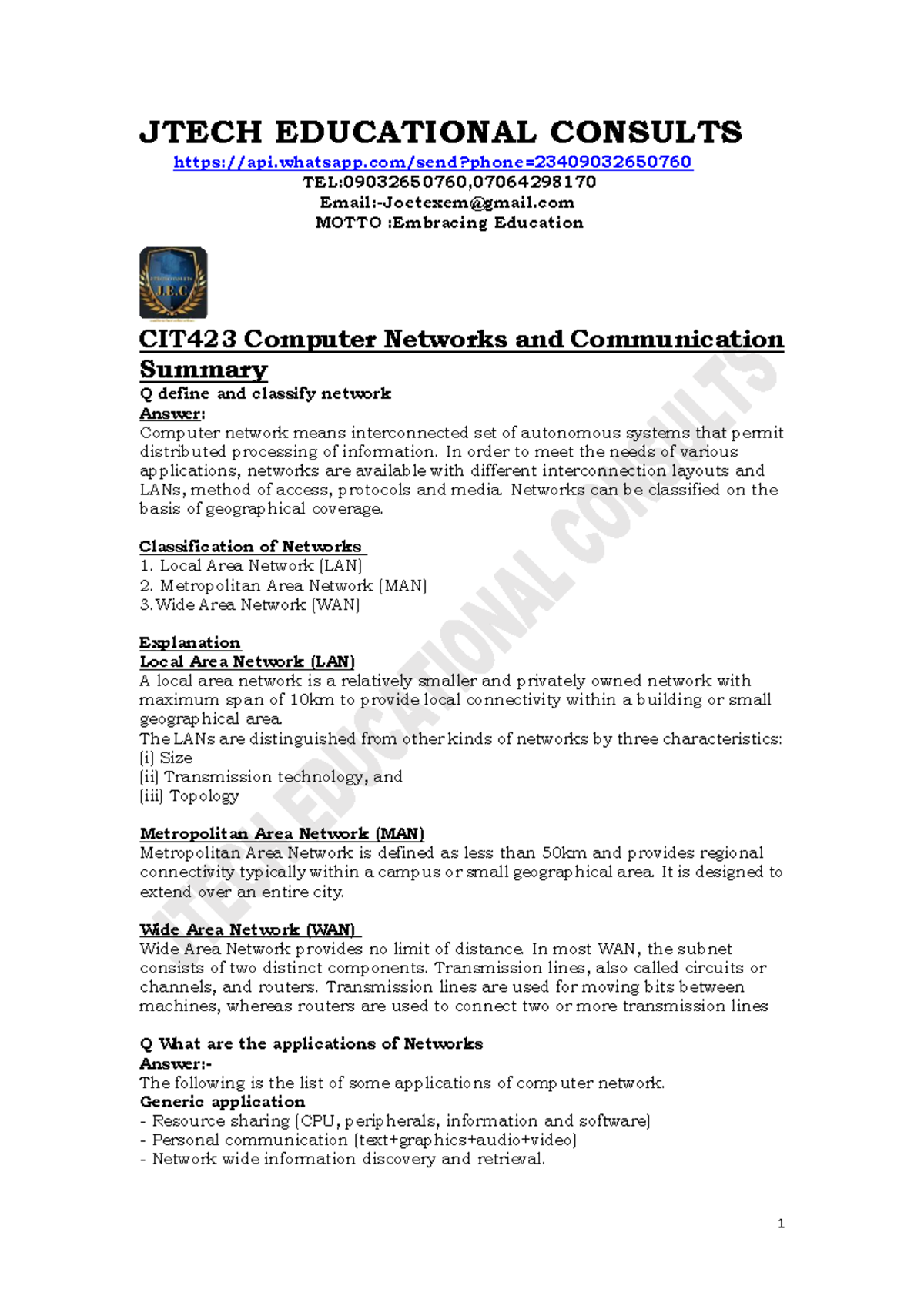 CIT423 Computer Networks & Communication Summary Notes - Studocu