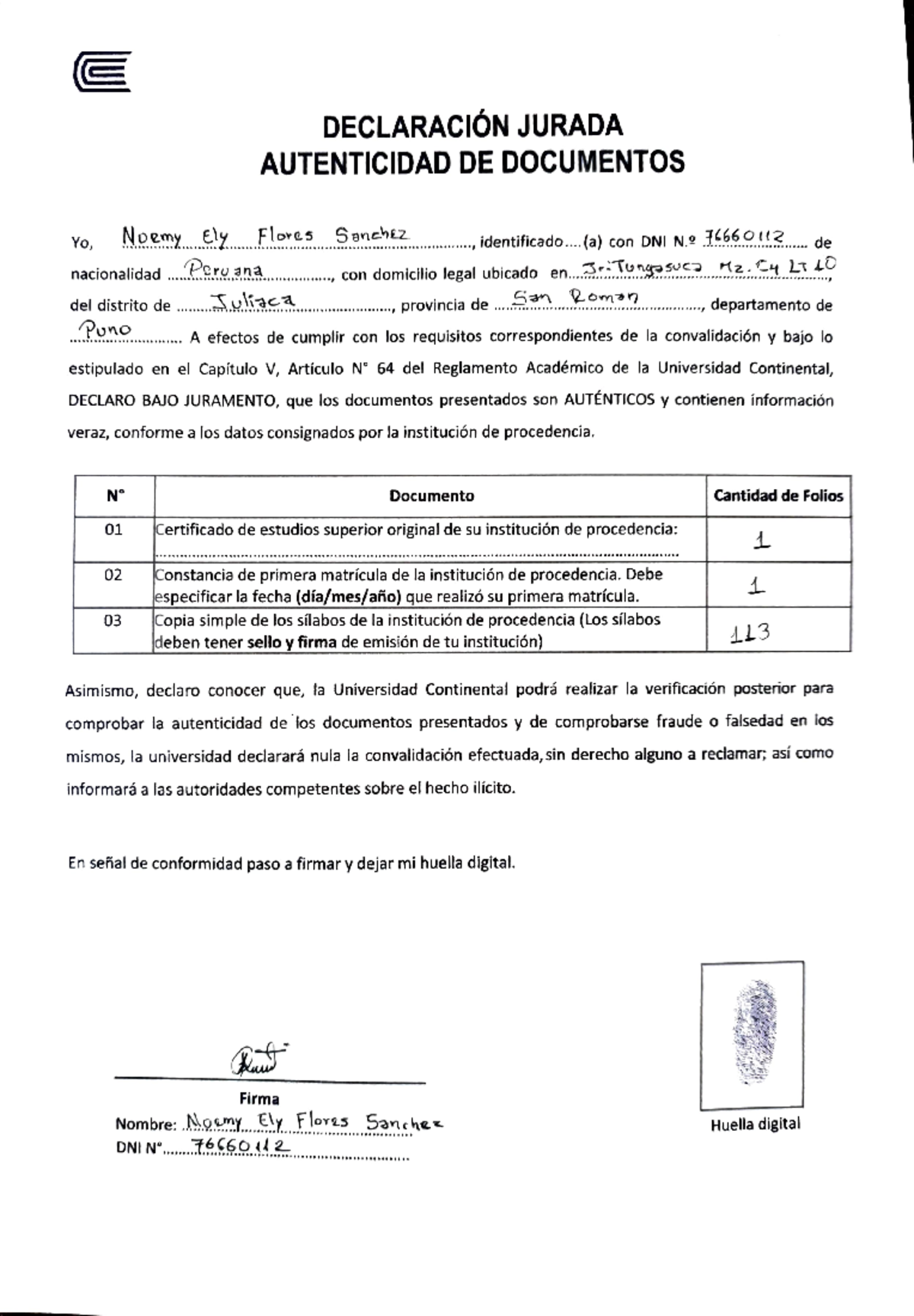 Declaración Jurada de Autenticidad de Identidad - Puno - Studocu