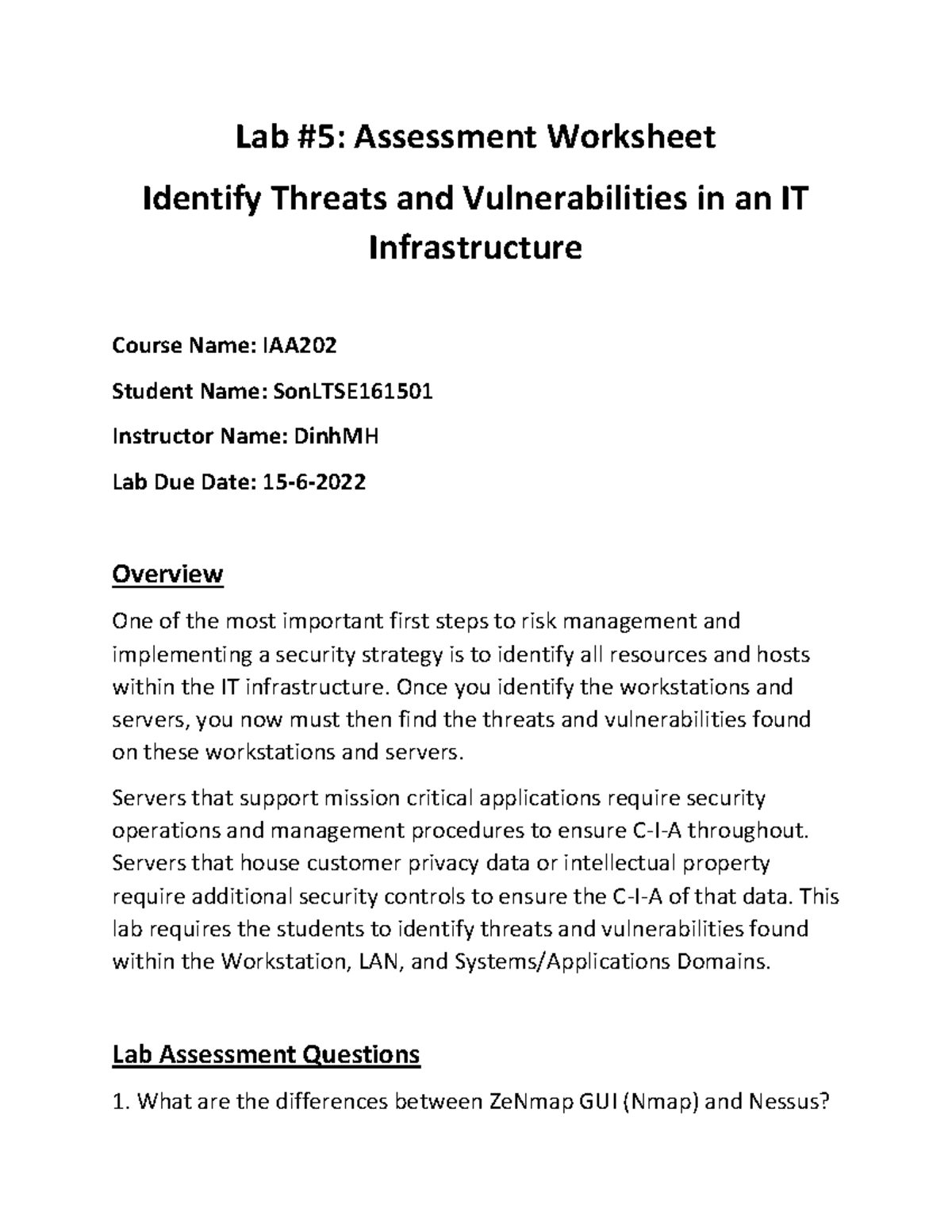 IAA202 Lab5 15-6-2022 - reference - Lab #5: Assessment Worksheet Identify Threats and - Studocu