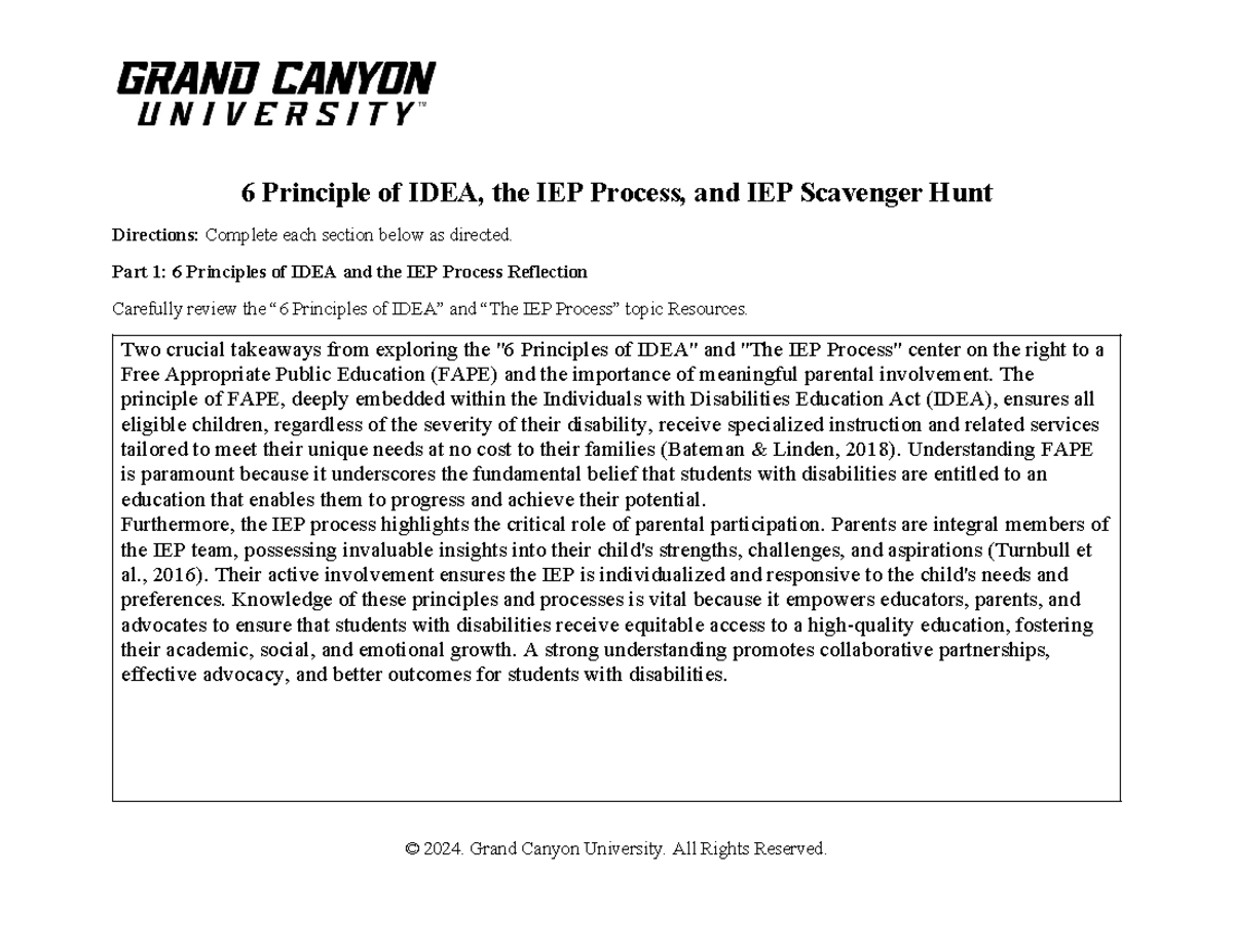IEP Scavenger Hunt Assessment: 6 Principles of IDEA & IEP Process - Studocu