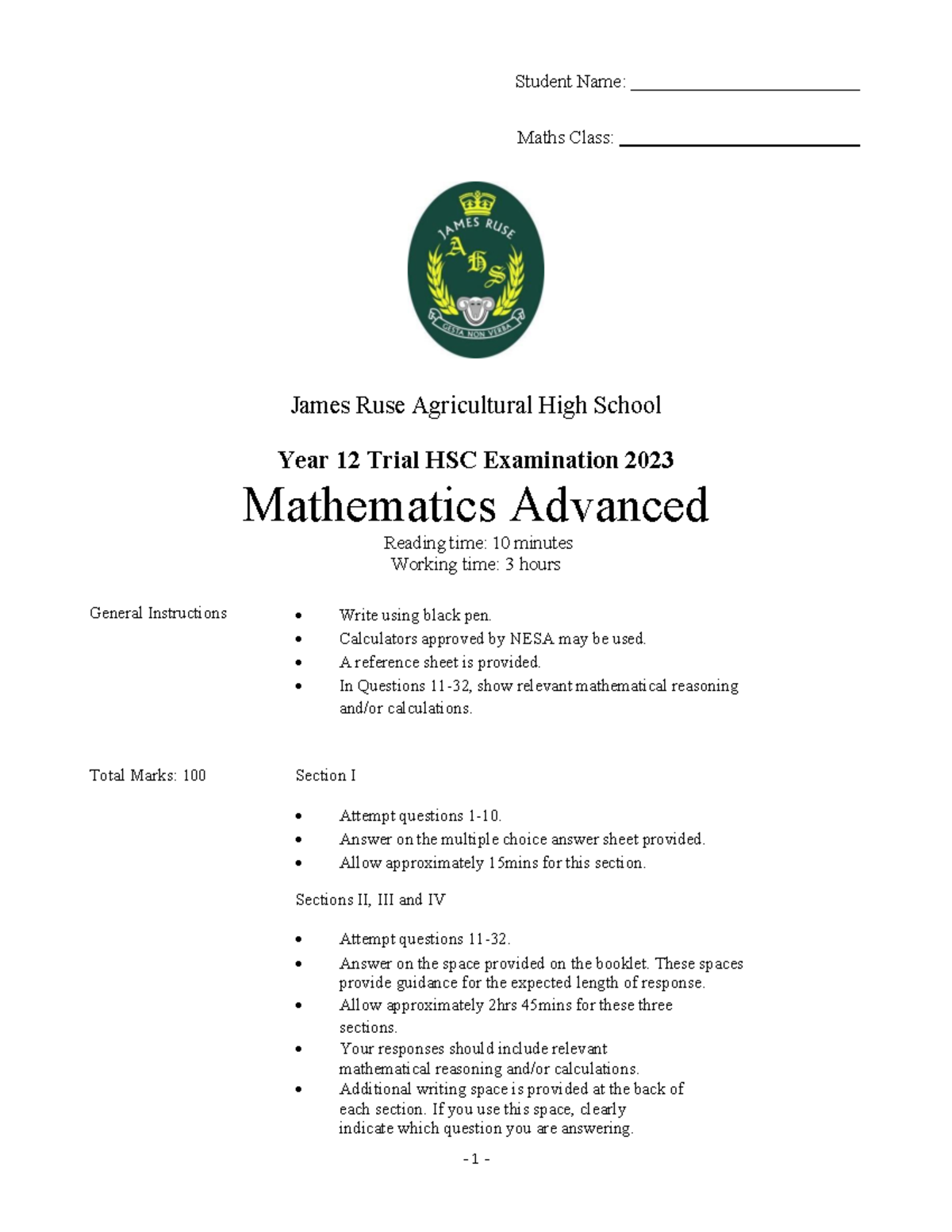 2023 James Ruse Ag High - Adv - Trial HSC Maths Questions - Studocu