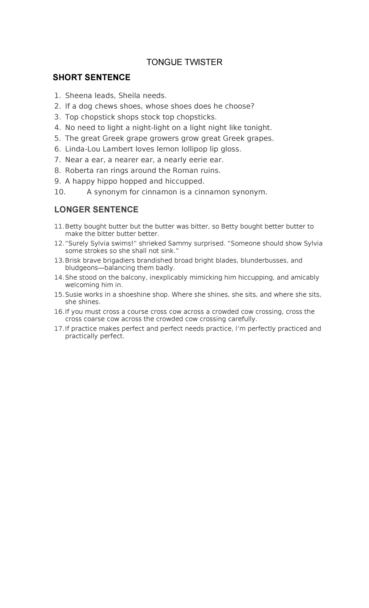 Tongue Twisters Practice Exercises for Speech Clarity - Studocu
