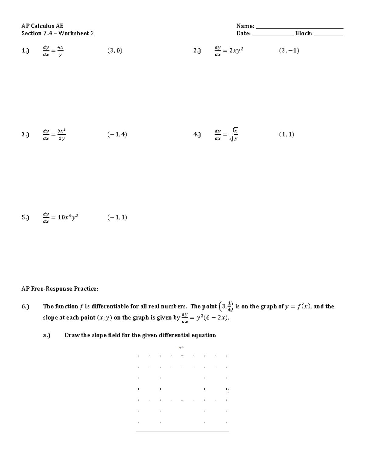 AP AB - Section 7.4 - Worksheet 2: Differential Equations Practice ...