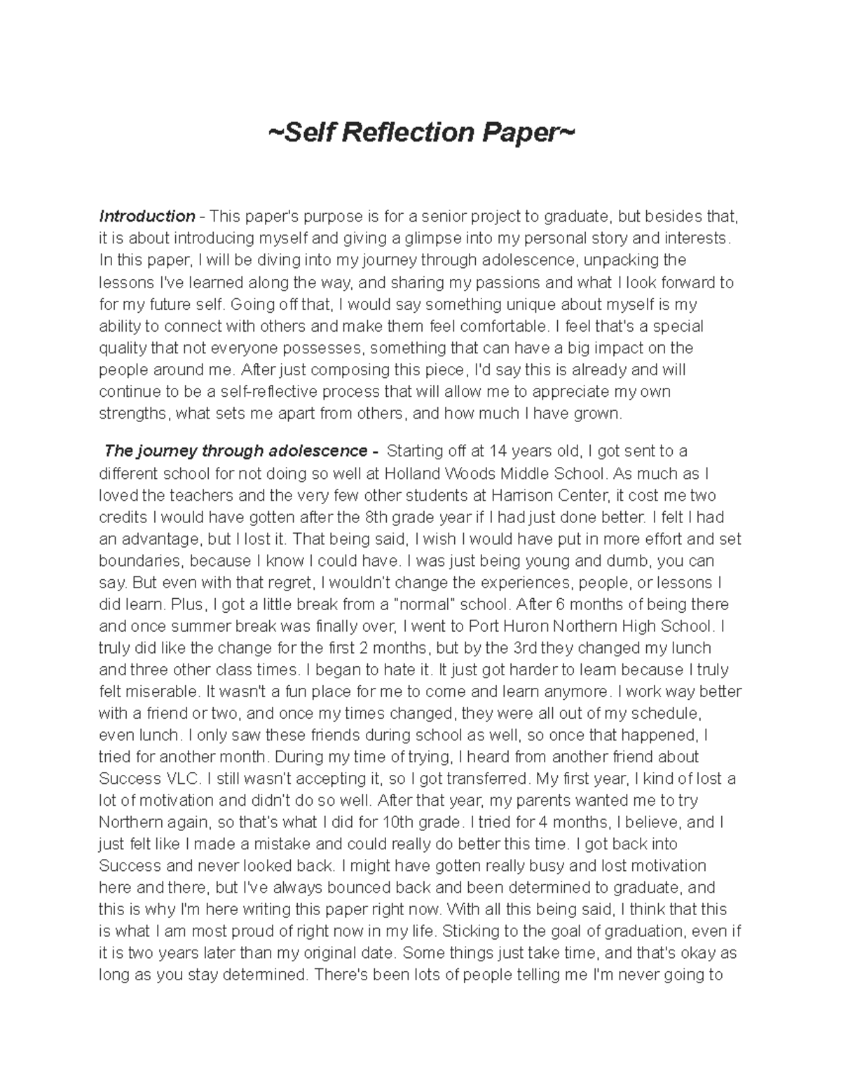 Reflection Paper - Self Reflection Paper Introduction - This paper's ...