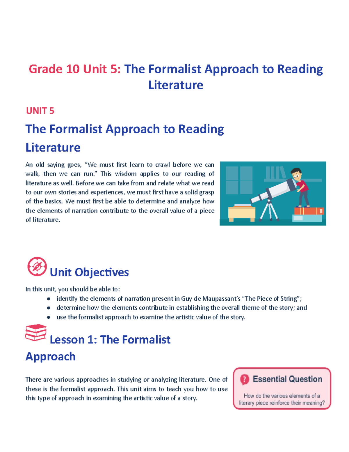 Grade 10 Unit 5: Formalist Approach to Reading Literature Analysis - Studocu