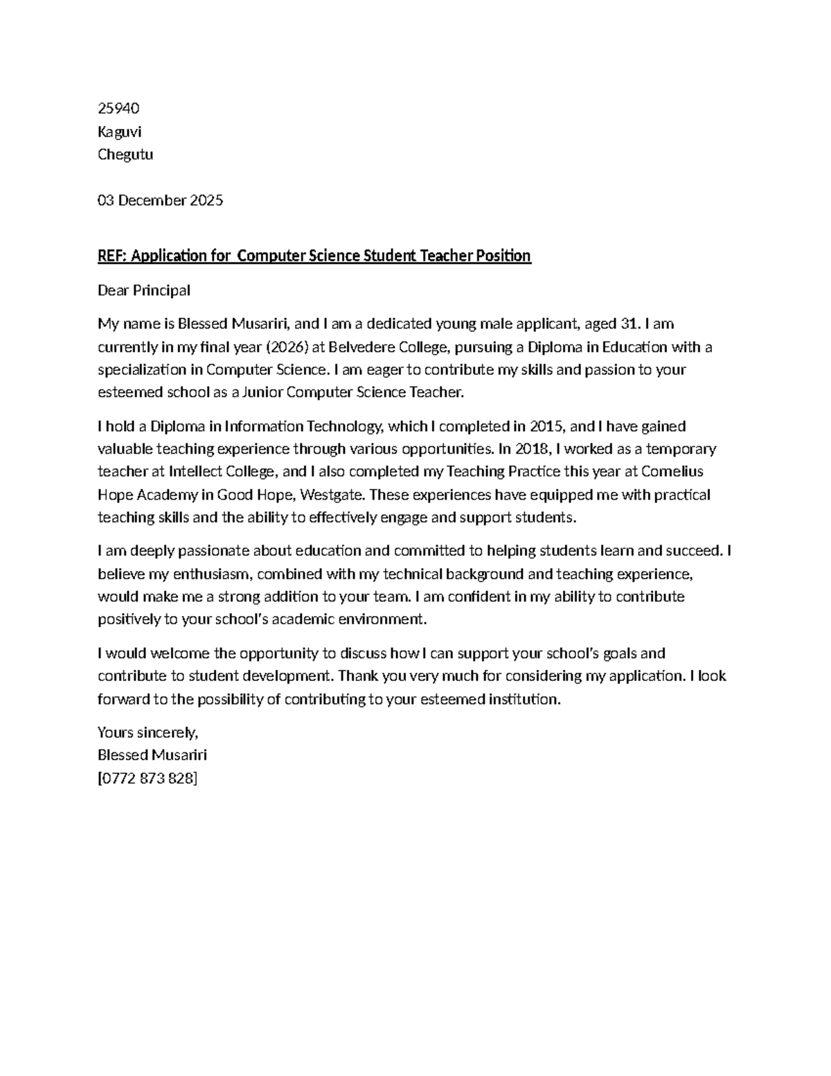 25940 Application for Computer Science Teacher Position - Studocu