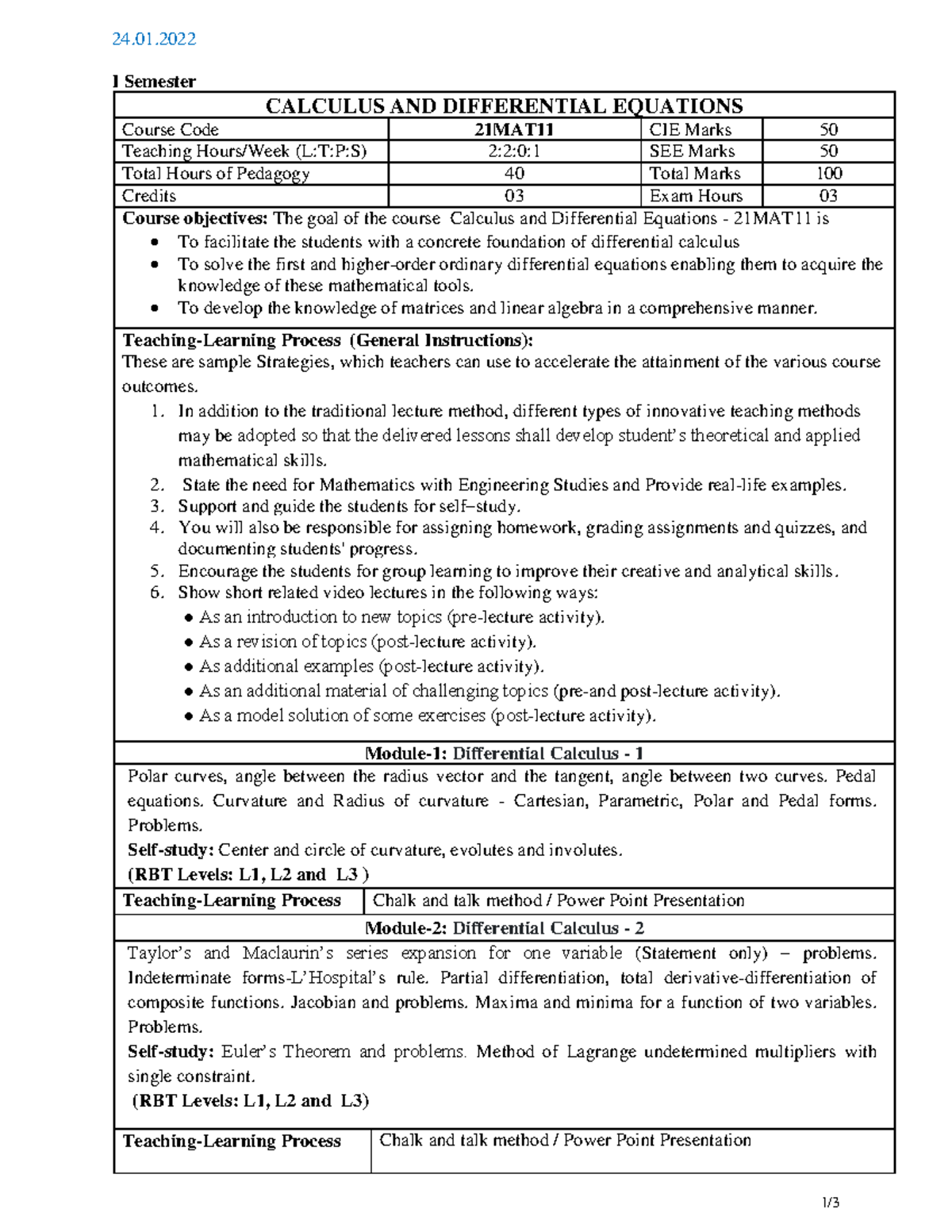 21MAT11 I Sem Syllabus: Calculus & Differential Equations Overview ...