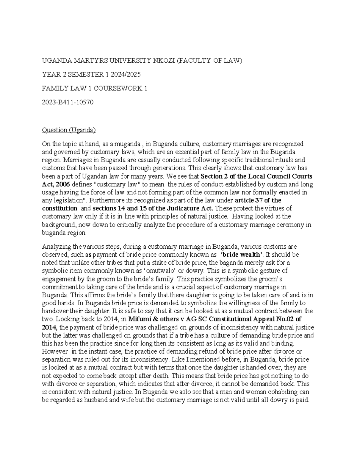 FAMILY LAW 1: Analysis of Buganda's Customary Marriage Ceremony - Studocu