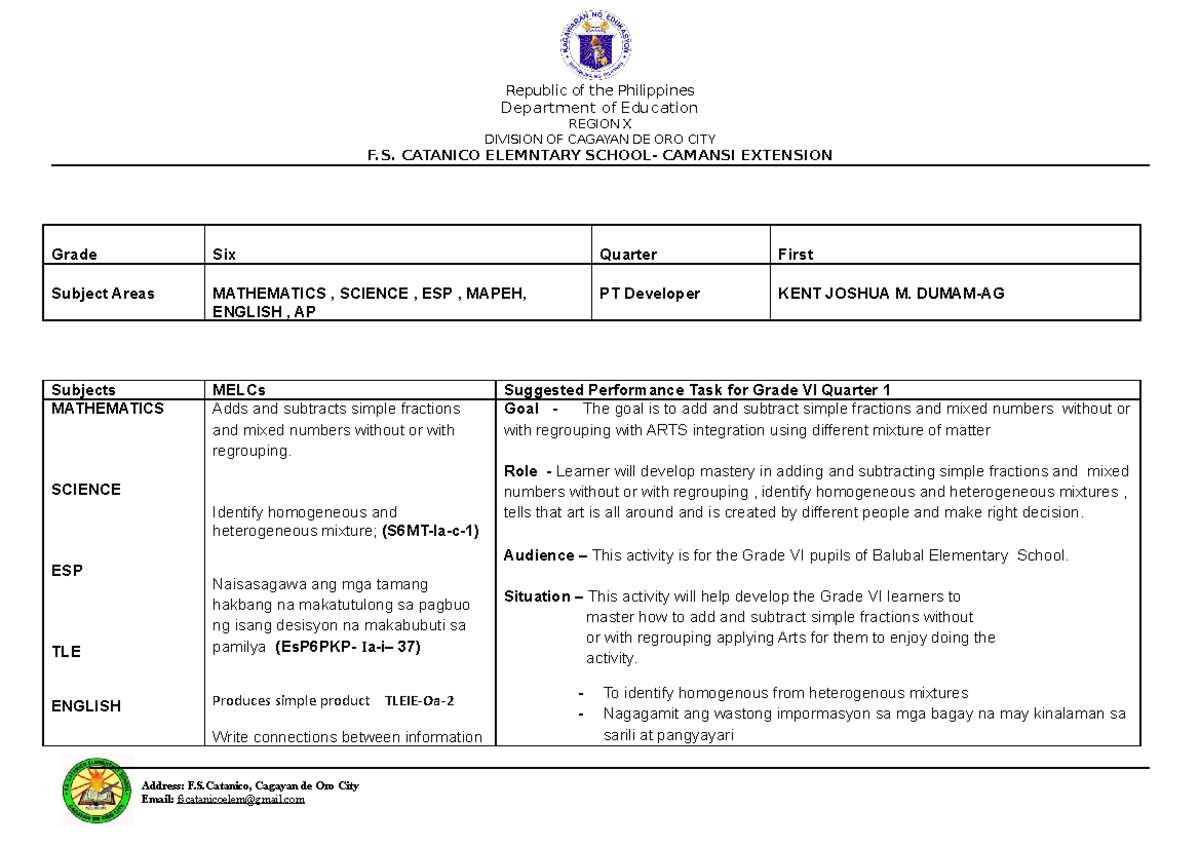 Grade 6 Q1 Performance Task 1: Mastery in Math & Science Activities ...