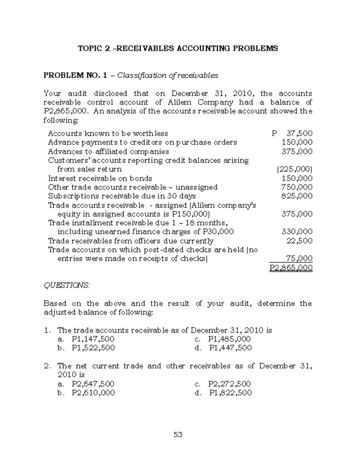 Practical Accounting Problems - RECEIVABLES - TOPIC 2 –RECEIVABLES ACCOUNTING PROBLEMS PROBLEM ...