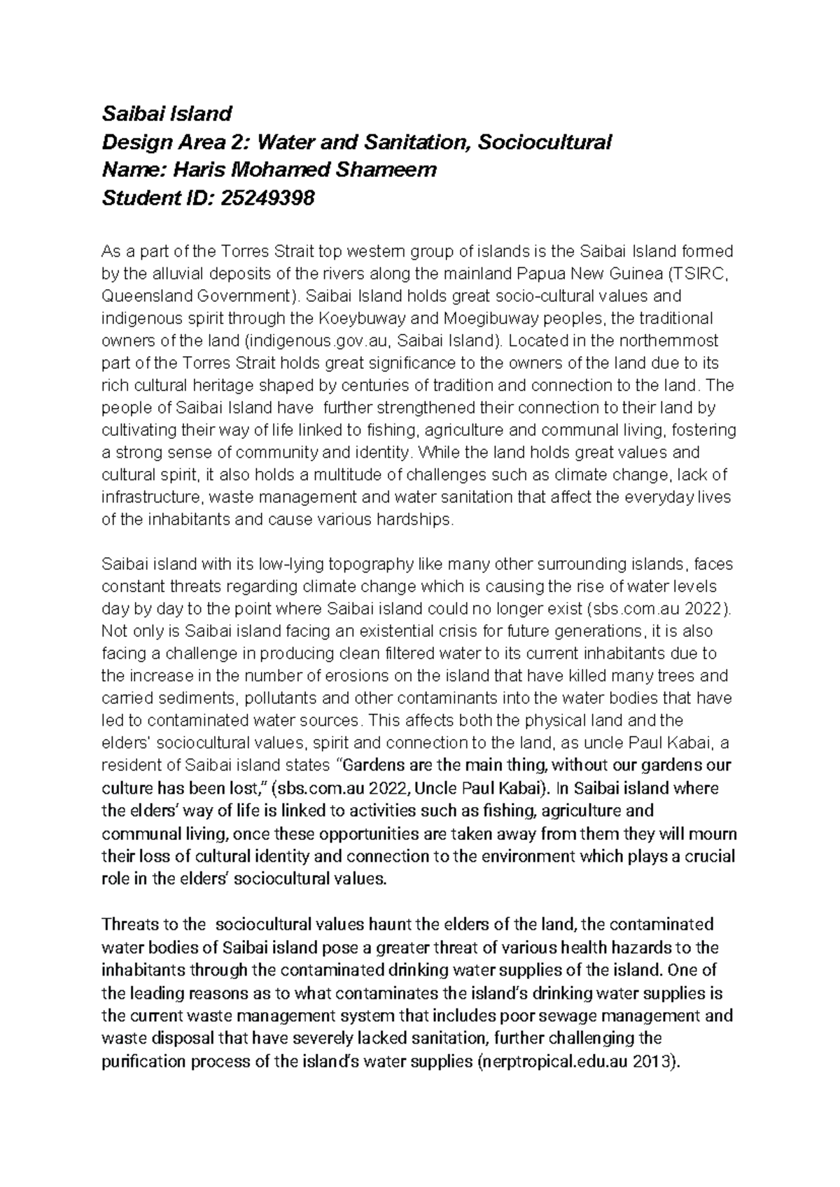 EWB Report: Water, Sanitation, and Sociocultural Challenges on Saibai ...