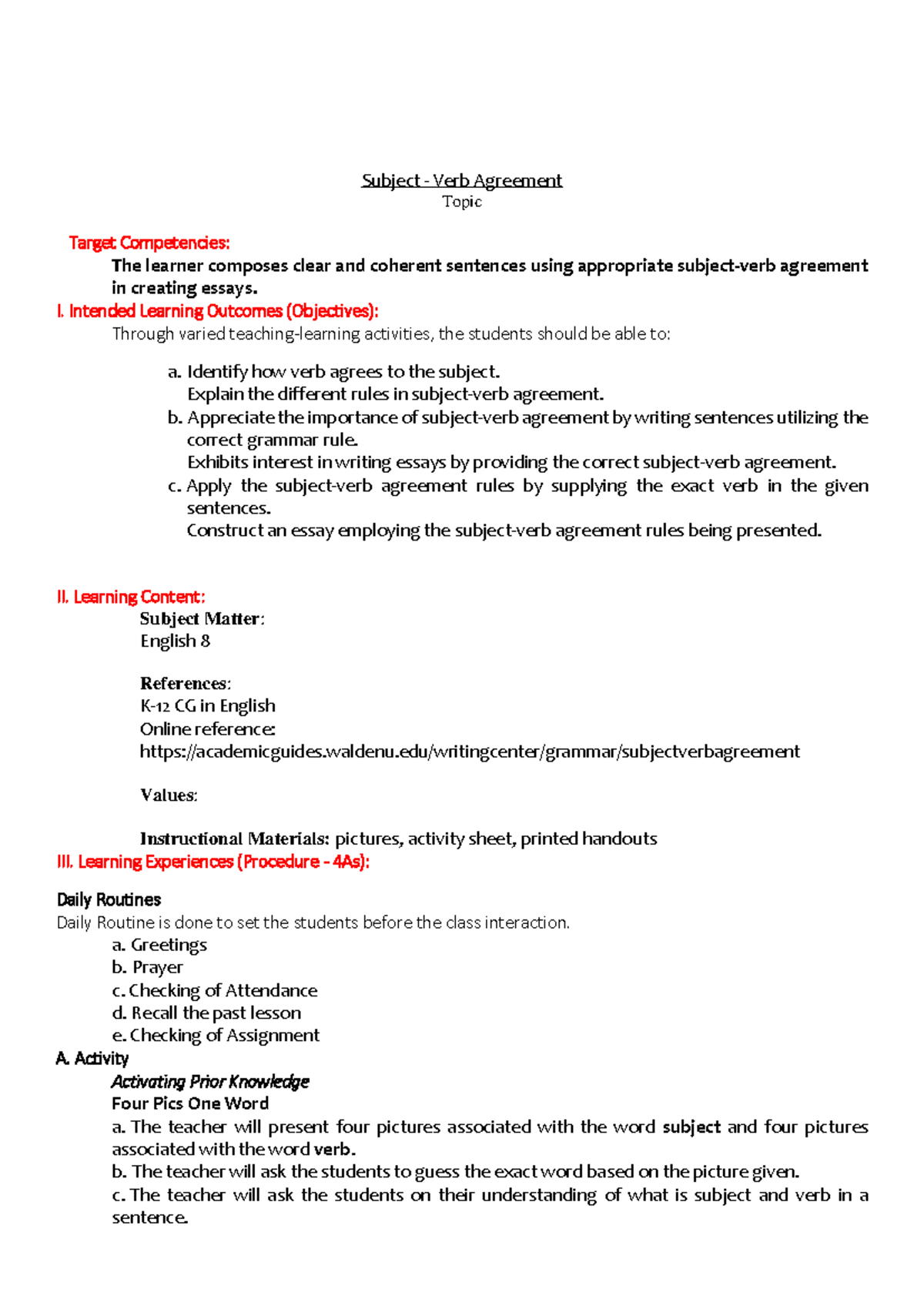 English 8: Subject-Verb Agreement Lesson Plan & Activities - Studocu