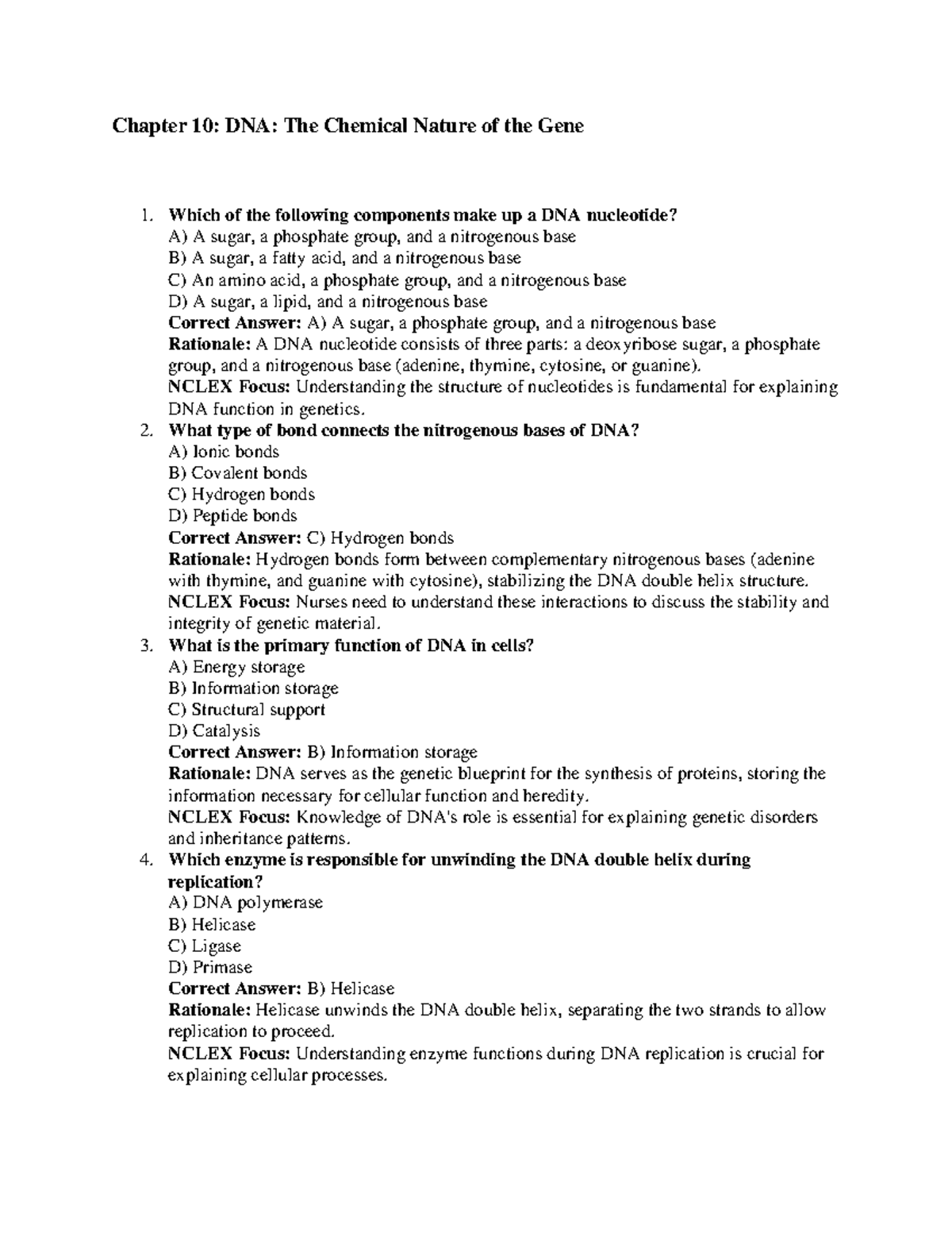 Chapter 10: DNA Structure & Function - Genetics Test Bank ...
