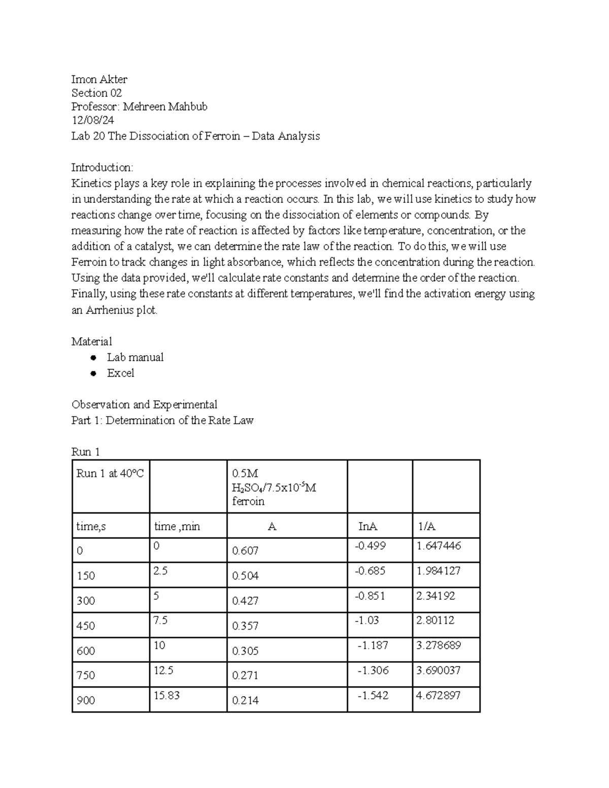 Lab 20 - Kinetic Study of Ferroin Dissociation & Data Analysis - Studocu