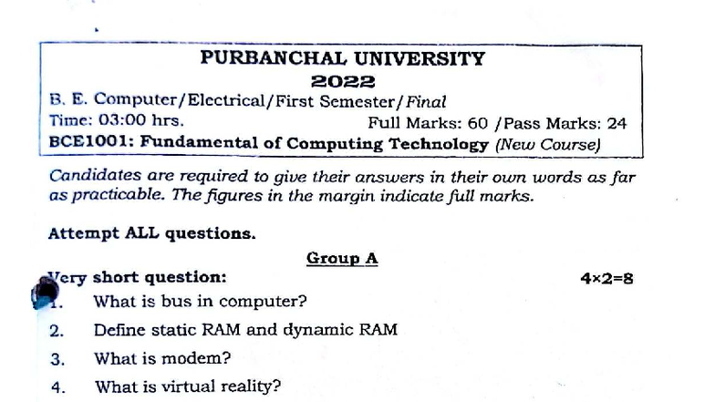 BCE1001: Fundamentals of Computing Technology Exam 2022 - Studocu