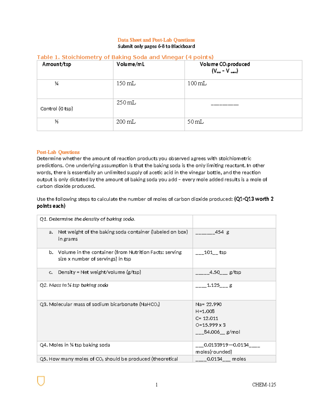 Chem Lab 2-1: Stoichiometry of Baking Soda & Vinegar Reactions - Studocu