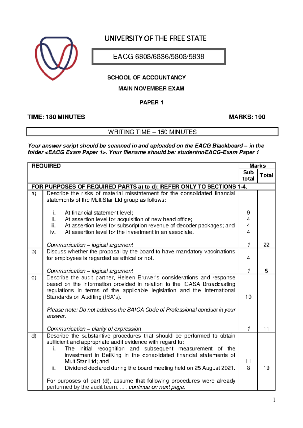 UFS EACG School of Accountancy Nov Exam Paper 1 Requirements - Studocu