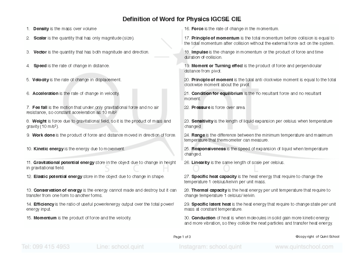 Definitions of Key Terms for Physics IGCSE CIE - Studocu