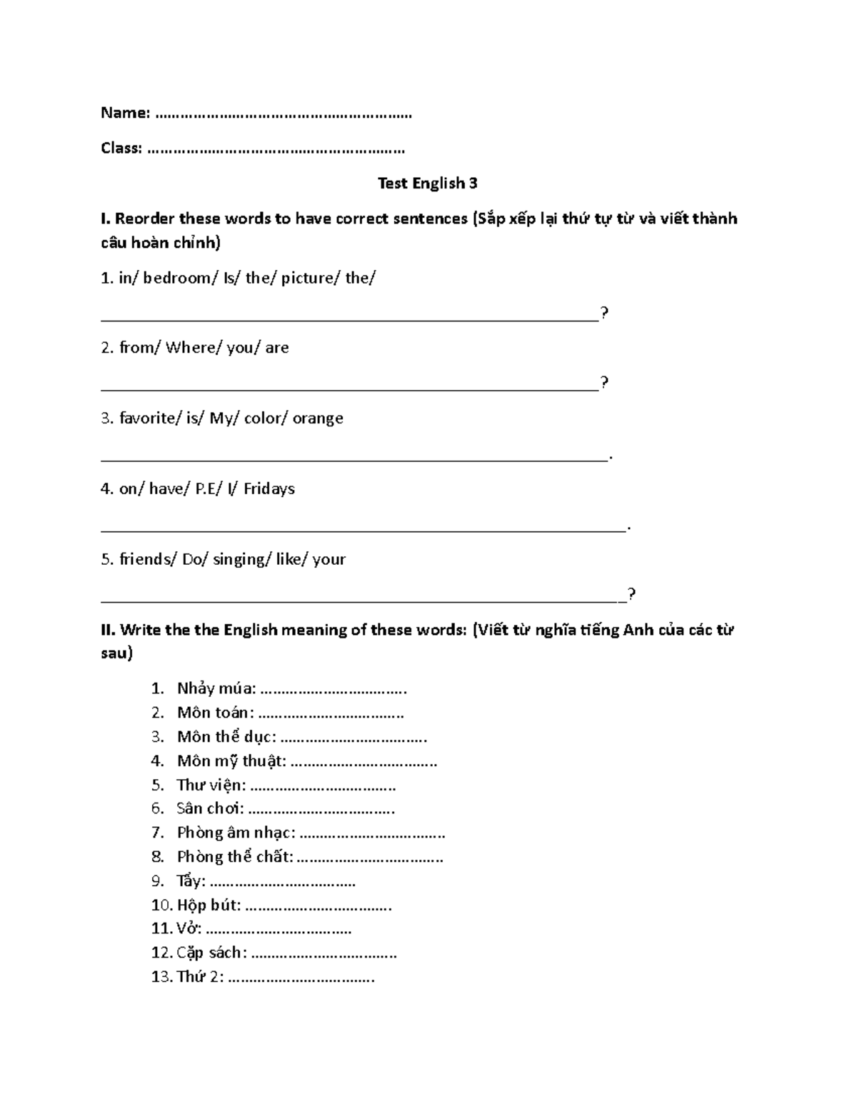 Test English 3: Sentence Reordering & Vocabulary Meaning - Studocu