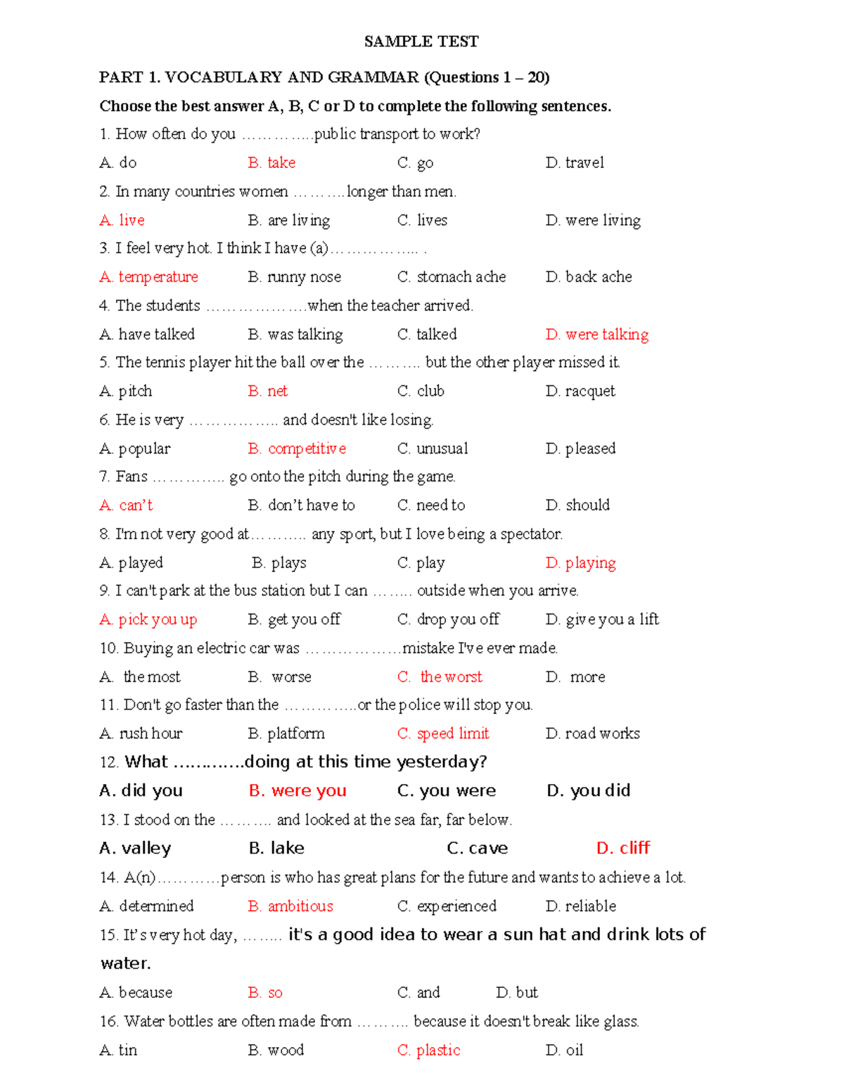 SAMPLE TEST 629297606: Vocabulary, Grammar, Listening & Reading - Studocu