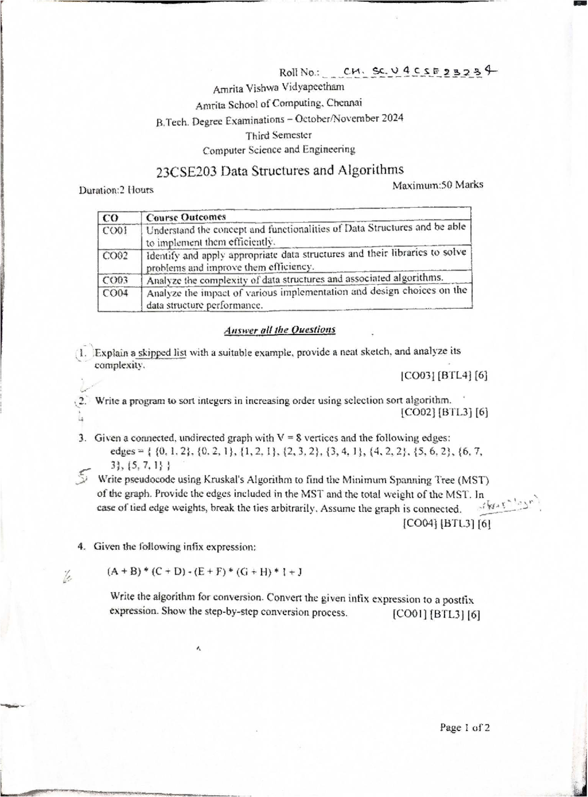 Data Structures and Algorithms Exam Notes - 23CSE203 - Studocu