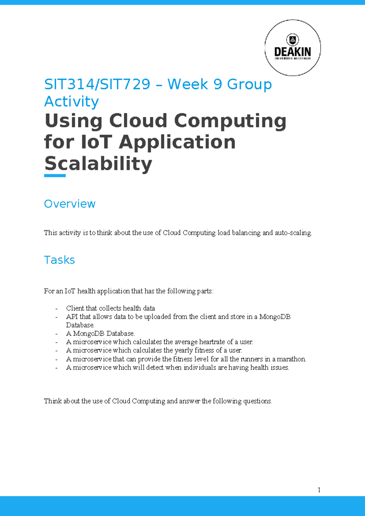 Week 9 Group Activity: Cloud Computing for IoT Scalability Overview ...