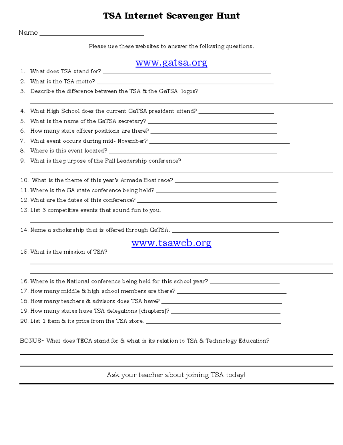 TSA Internet Scavenger Hunt Worksheet - Explore and Discover! - Studocu