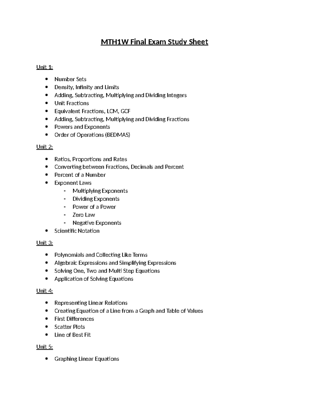 MTH1W Final Exam Review: Comprehensive Study Notes - Studocu