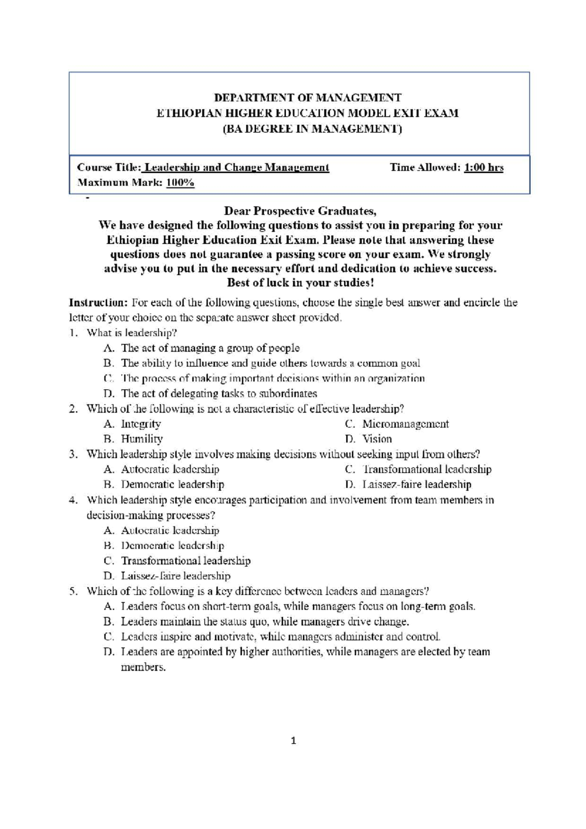 Leadership & Change Management Model Exam (BA Management) 2023 - Studocu