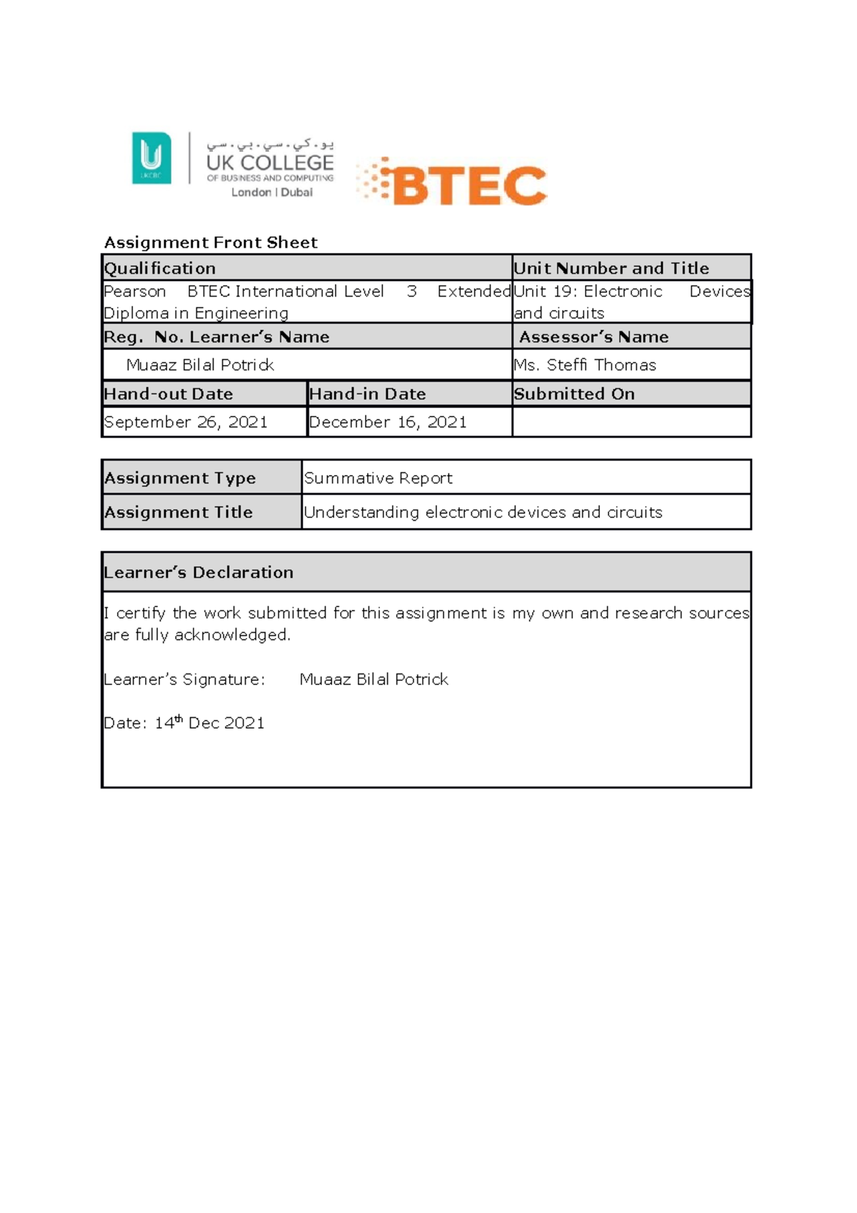 UNIT 19- Electronic devices and circuits (Muaaz Potrick) - Assignment Front Sheet Qualification ...