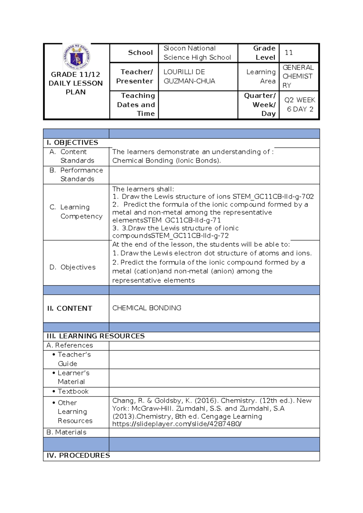 Ionic Bonds Lesson Plan - General Chemistry 1 (Grade 11) - Studocu