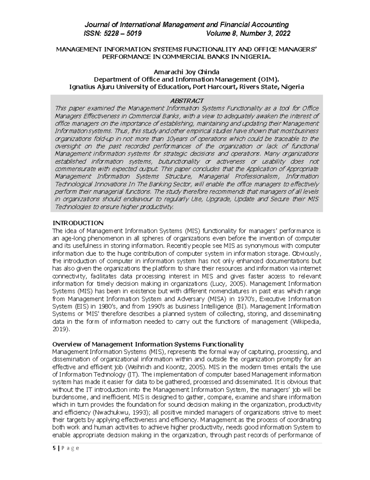 Management Information Systems Functionality & Office Performance in Nigeria - Studocu