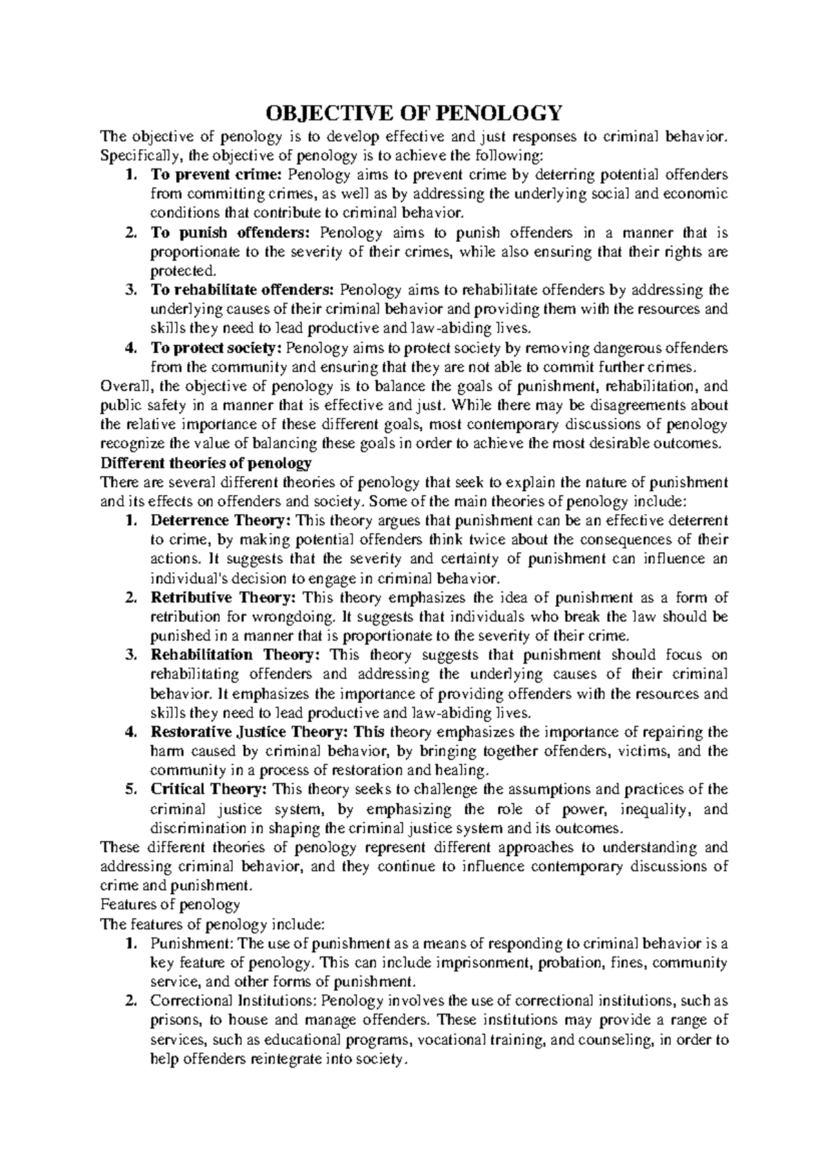 Penology: Objectives, Theories, and Features of Criminal Justice - Studocu