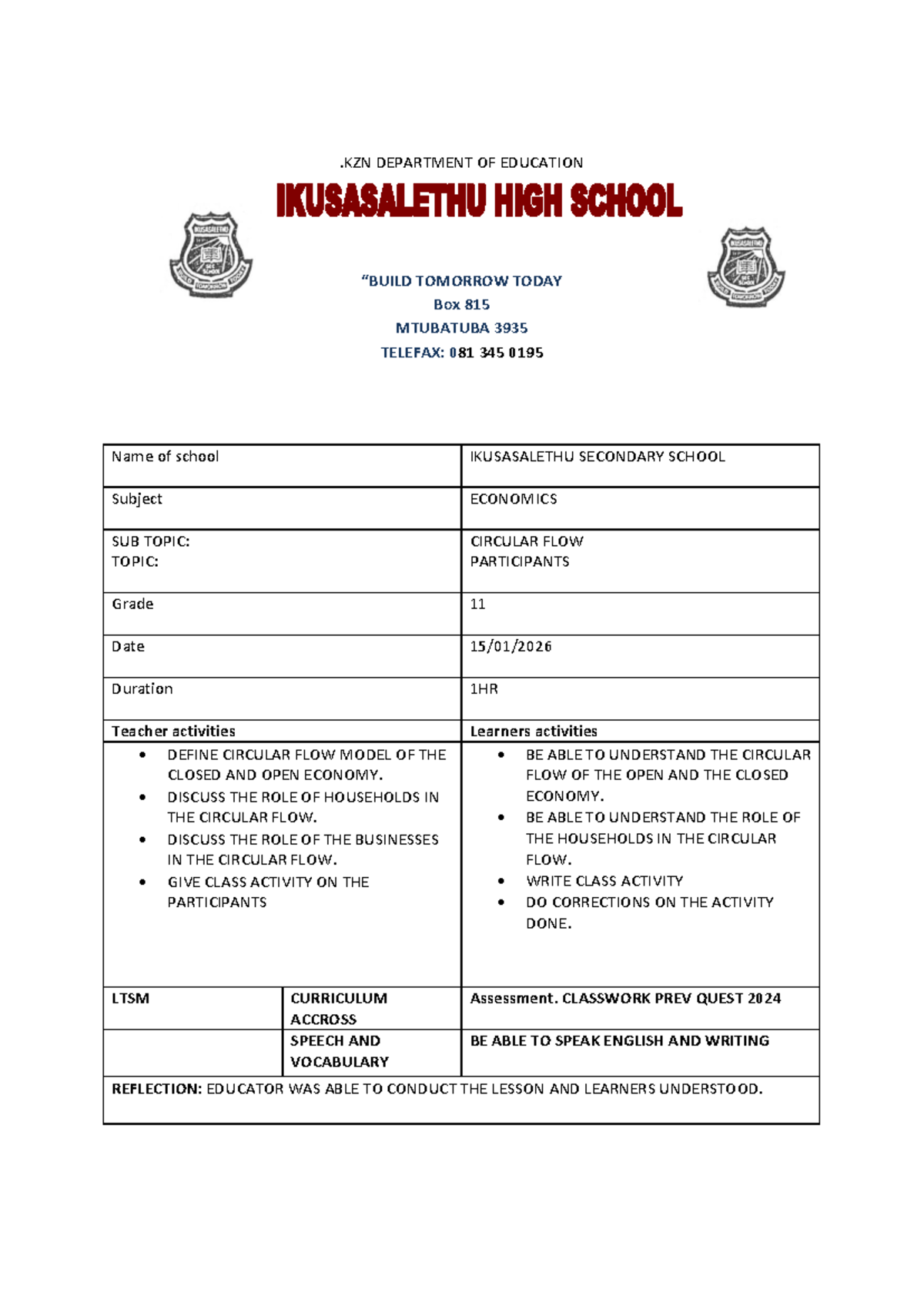 Grade 11 Economics: Circular Flow Lesson Plan - Studocu