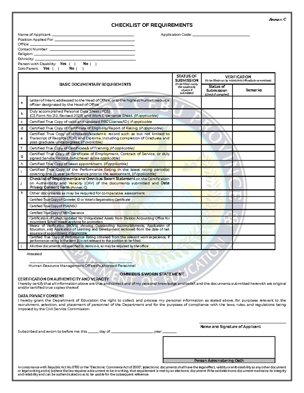Annex C: Omnibus Checklist of Requirements for Applicants - Studocu