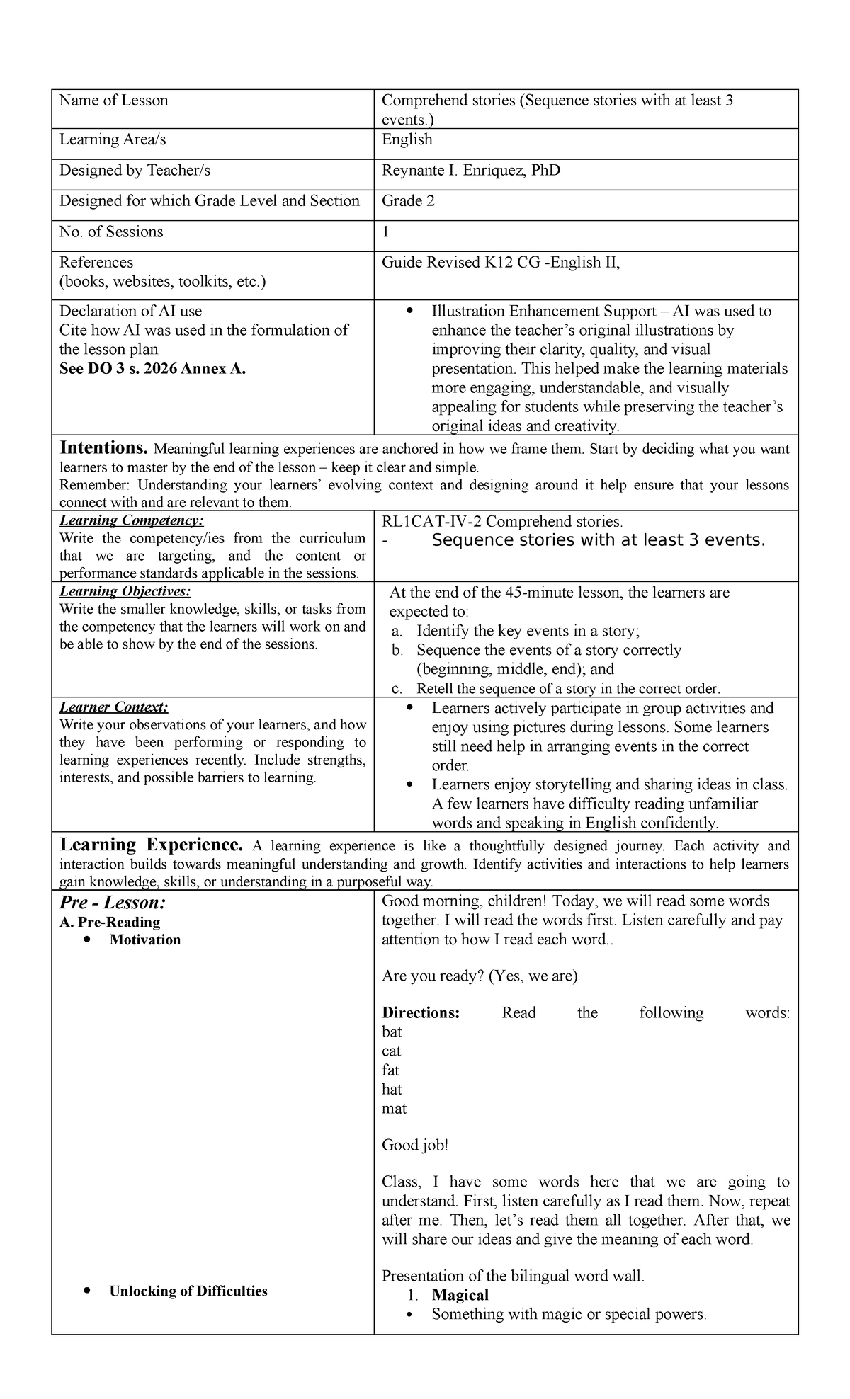 DI-LP: Lesson Plan on Comprehending Stories for Grade 2 - Studocu
